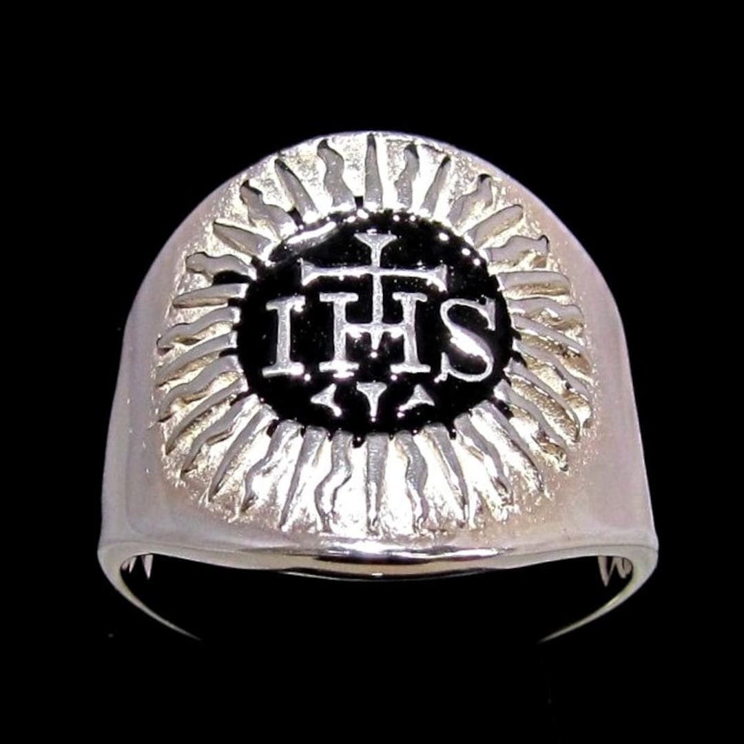 Sterling Silver IHS Christ Monogram Ring, Three Nail Cross Black Enamel ...