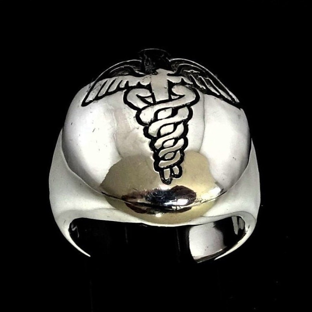 Sterling Silver Caduceus Symbol Ring Winged Staff of Hermes With Black ...