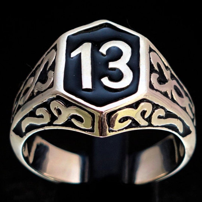Sterling Silver Biker Ring, Lucky 13 Black Enamel, Celtic Design - Etsy