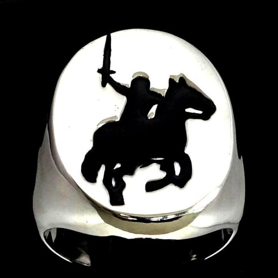 Oval Silver Men's Ring Medieval Knight on Horse With Black Enamel High ...