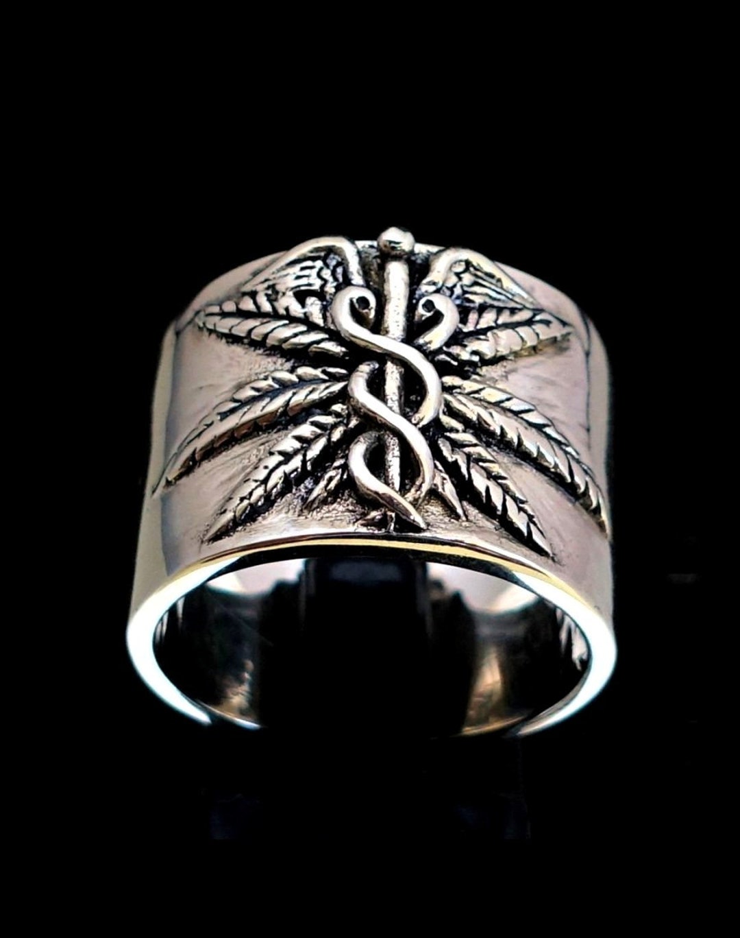 Sterling Silver Symbol Ring Caduceus With Marijuana Leaf Ganja Medical ...