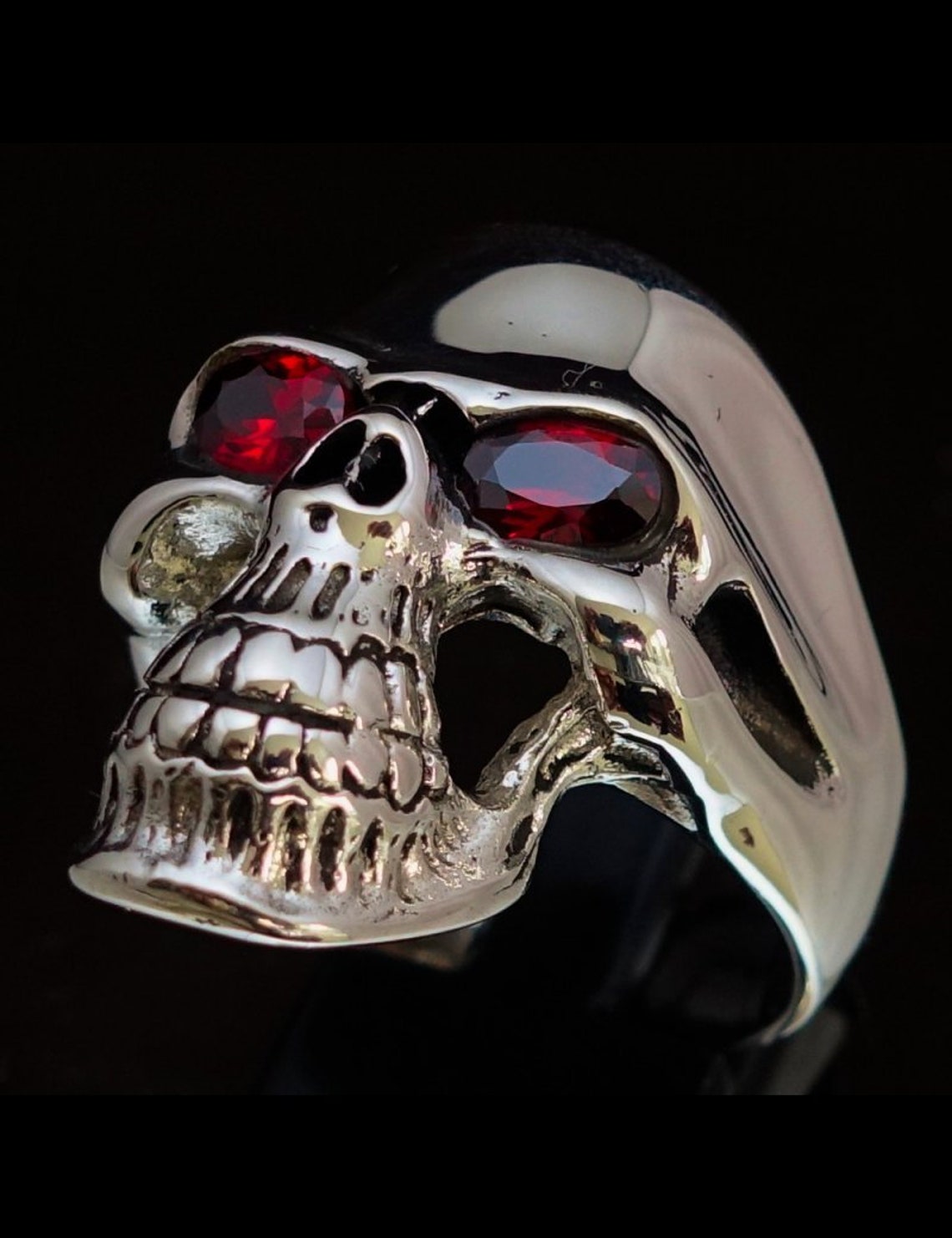 Sterling silver ring Grinning Phantom Skull with Two Fiery Red | Etsy