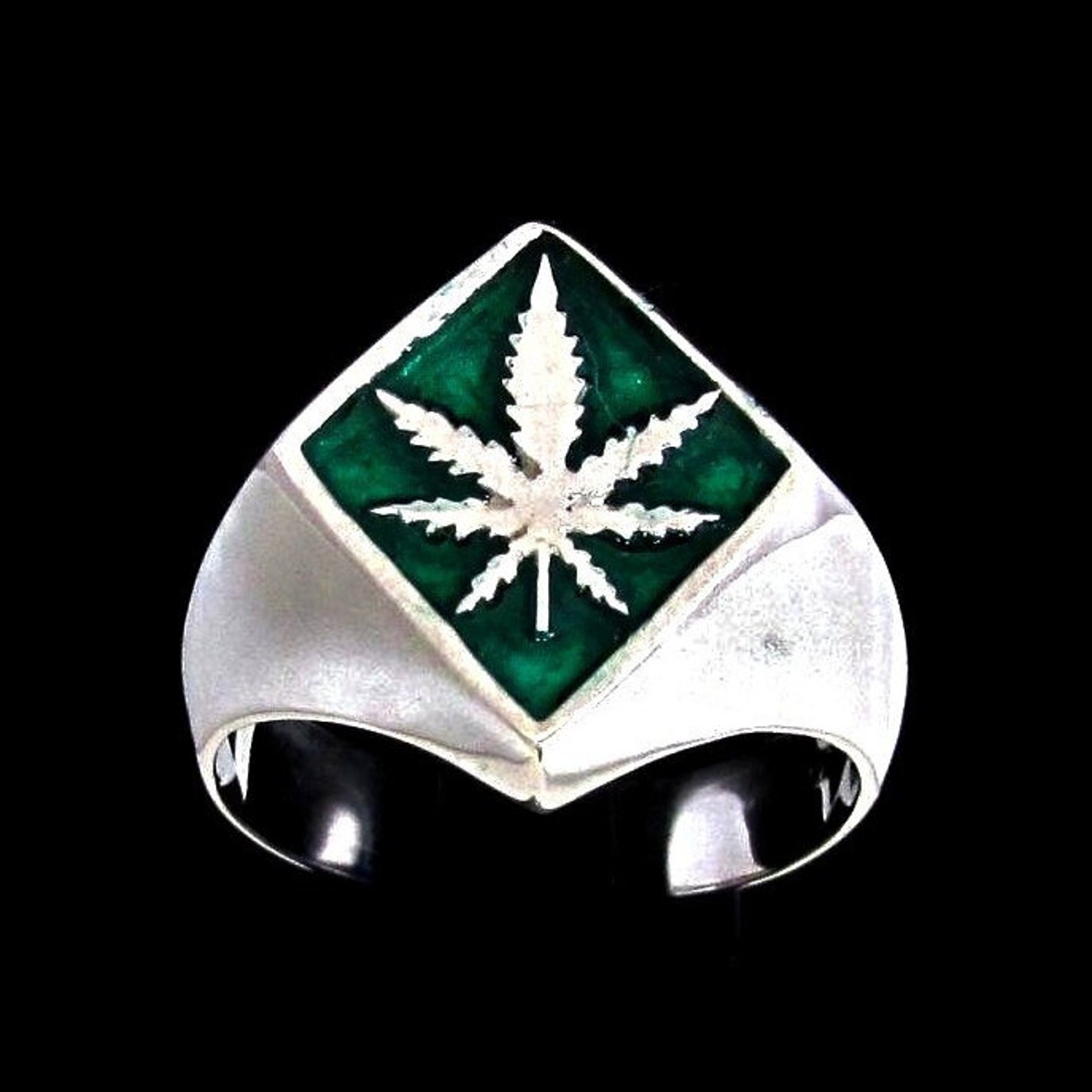 Sterling Silver Marijuana Leaf Ring, Green Enamel Diamond - Etsy