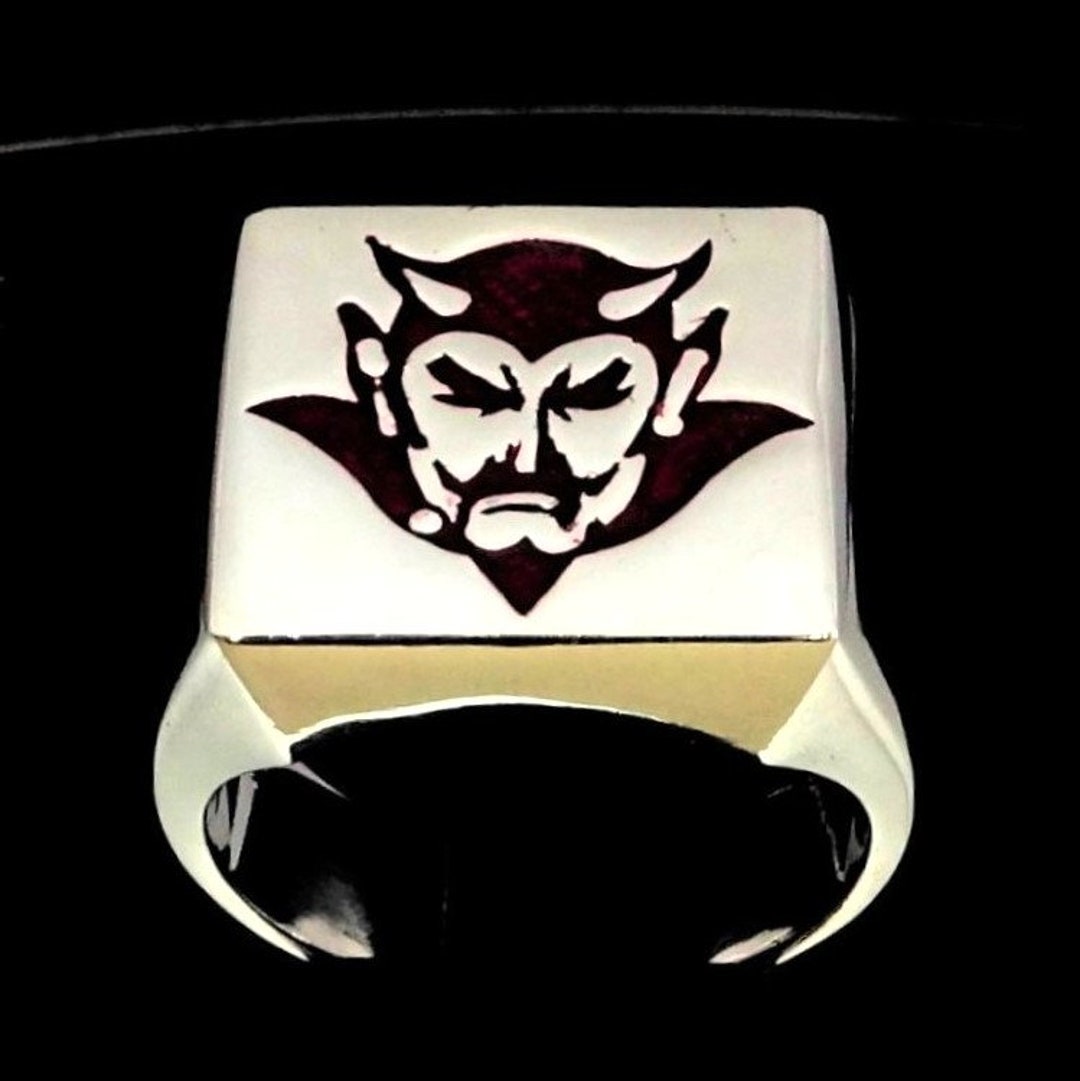 Sterling Silver Occult Men's Ring Satan Lucifer Devil in Red Enamel ...