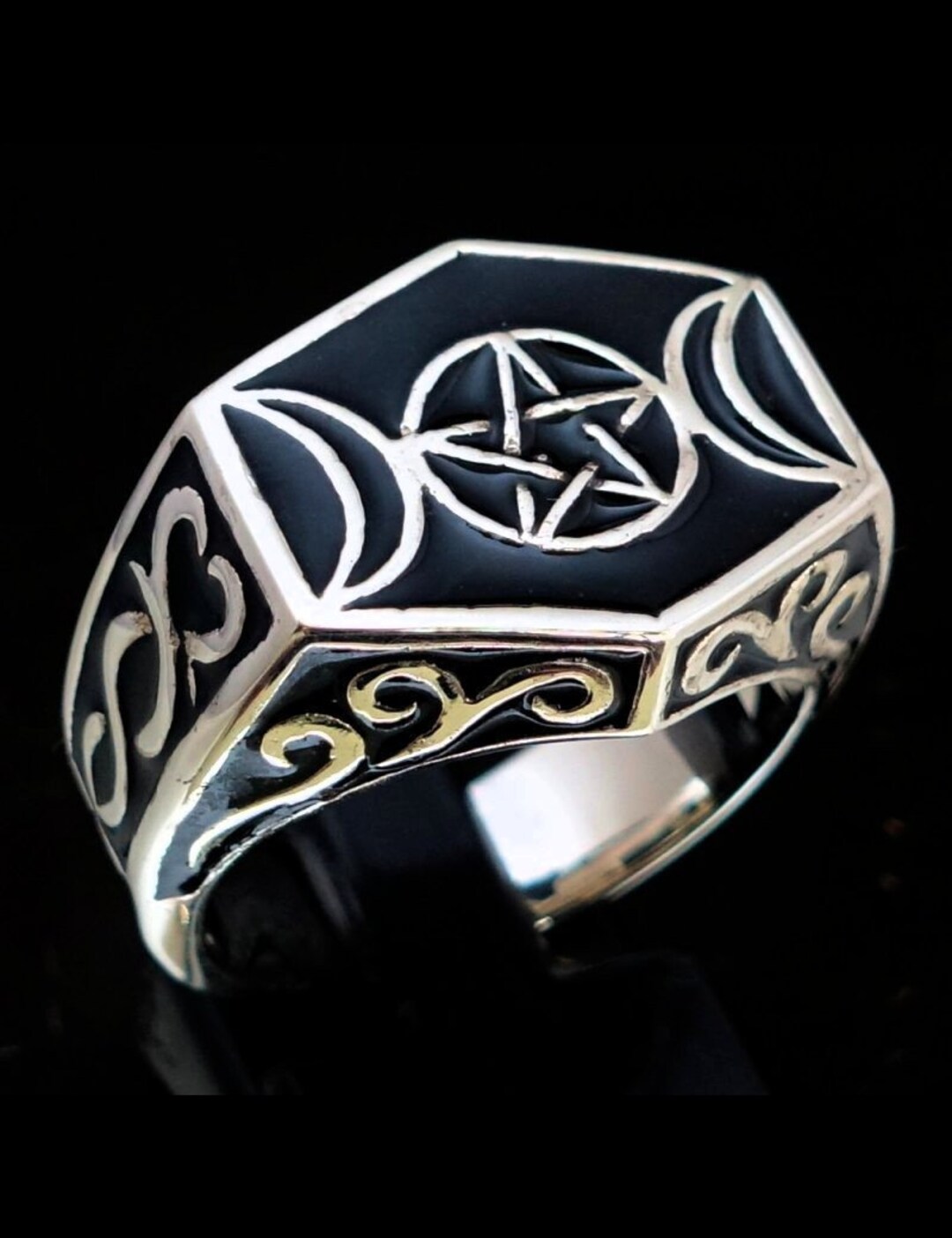 Sterling Silver Wicca Ring: Triple Moon Pentagram, Black Enamel - Etsy