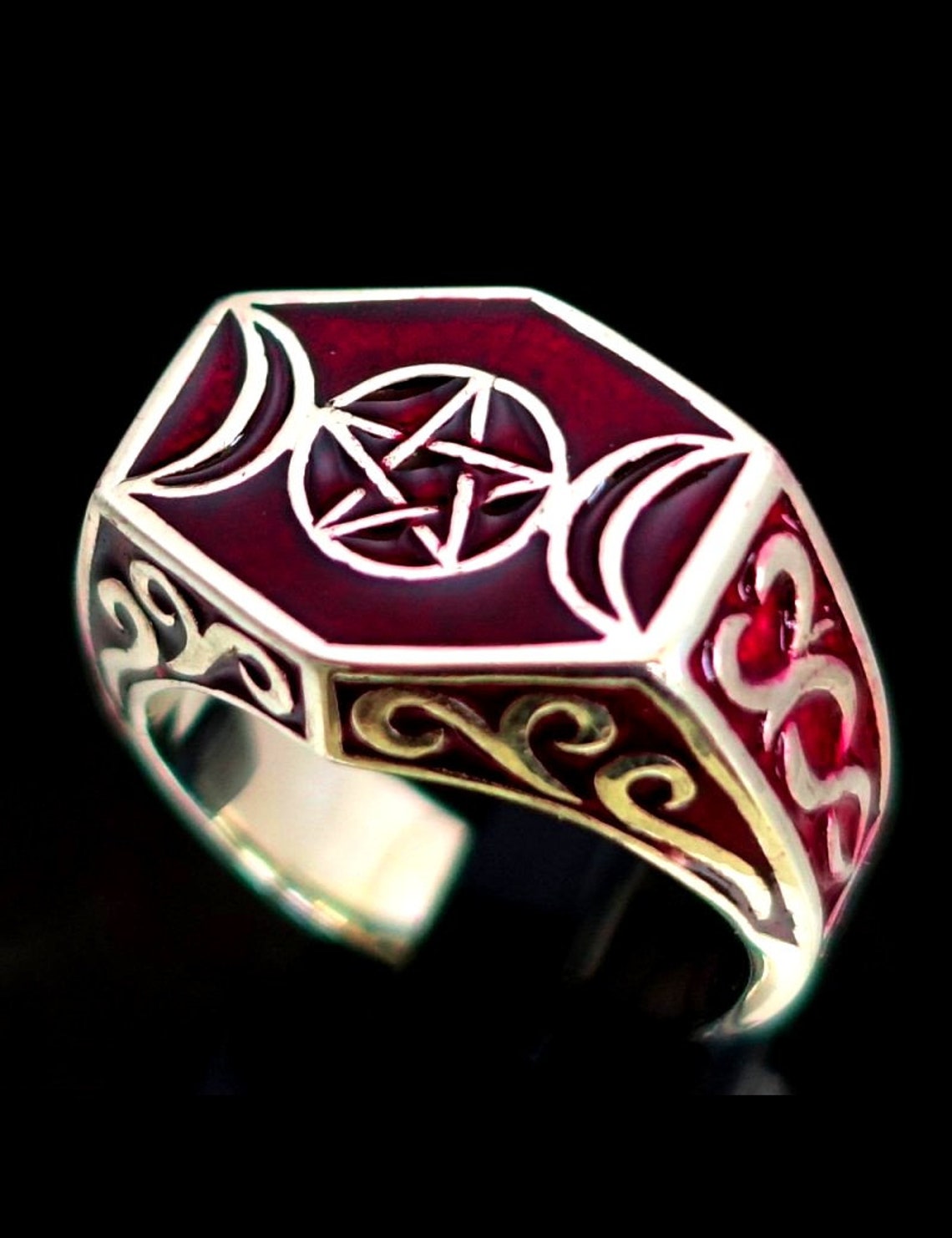 Sterling Silver Wicca Ring Triple Moon Pentagram Celtic Pagan - Etsy