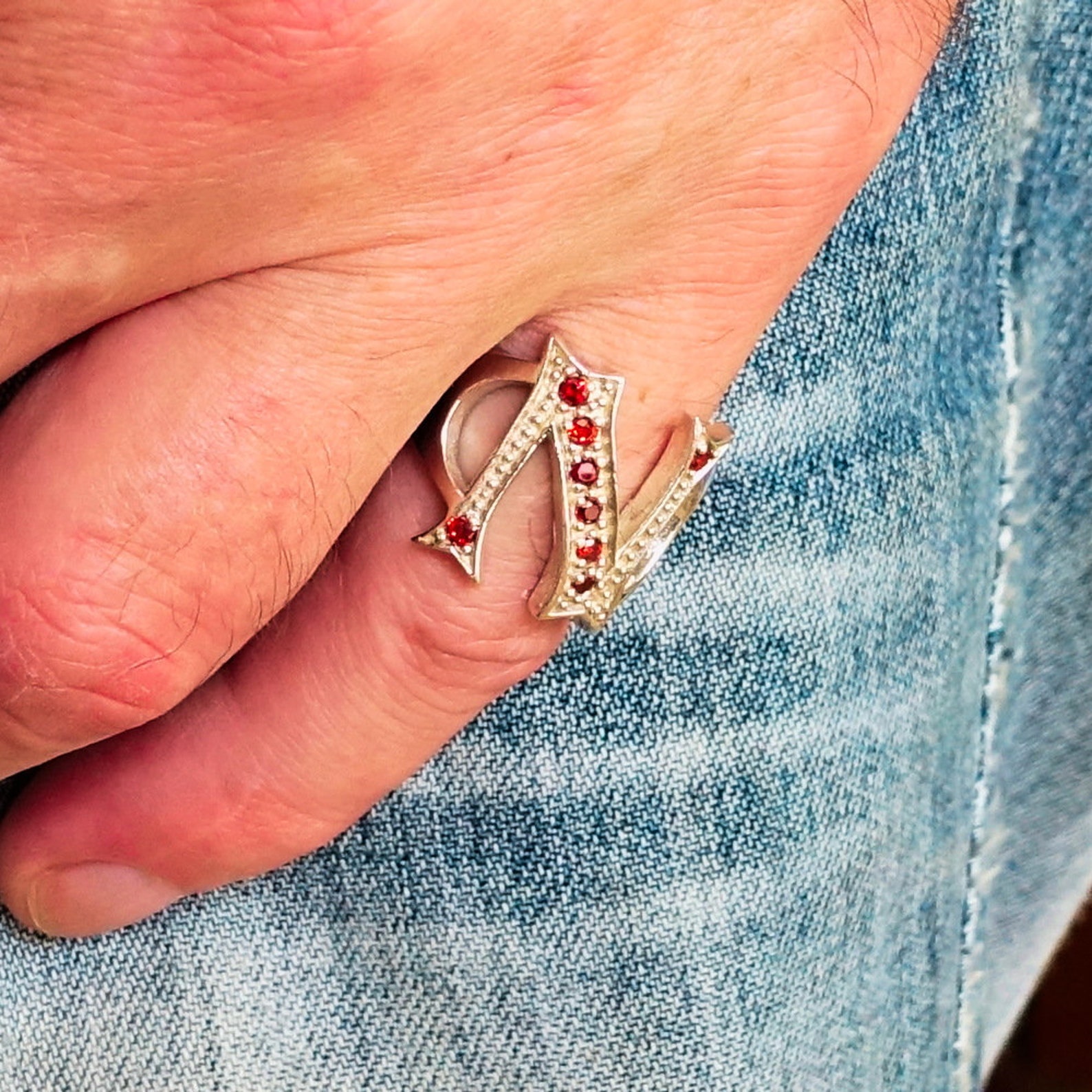 Sterling silver initial N ring with 8 Sparkling Red CZ stones | Etsy