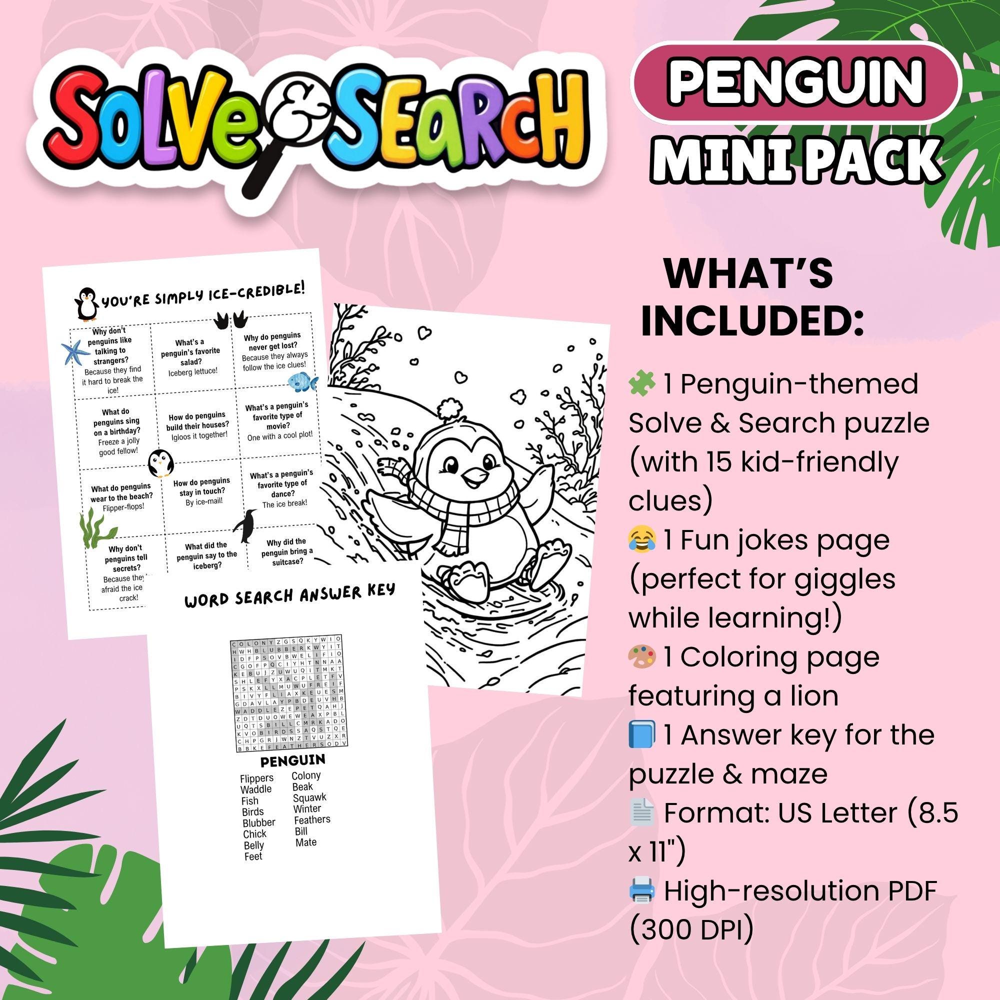 Solve & Search Penguin Mini Pack – Printable Puzzle, Coloring Page ...