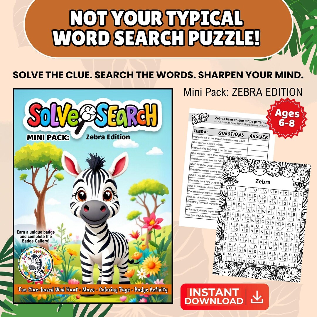Solve & Search Zebra Mini Pack – Printable Puzzle, Coloring Page, Maze ...