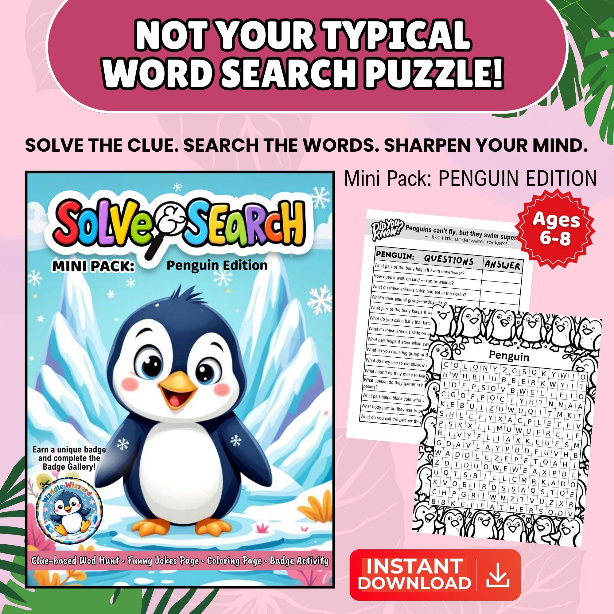 Solve & Search Penguin Mini Pack – Printable Puzzle, Coloring Page ...