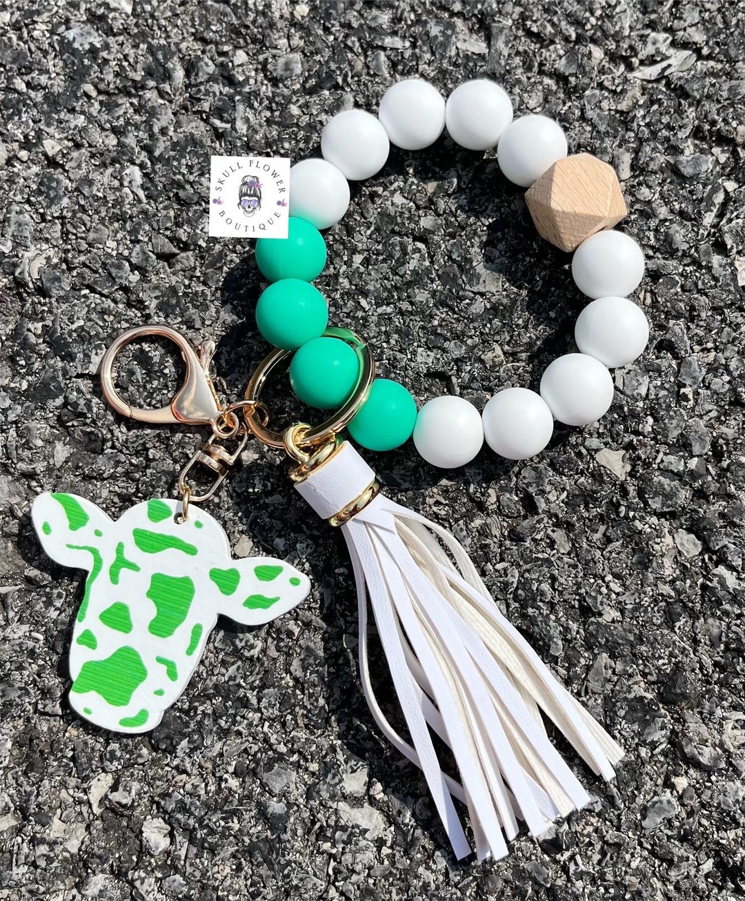 Cow Print Silicone Bead Keychain/wristlet/bracelet Green Cow - Etsy