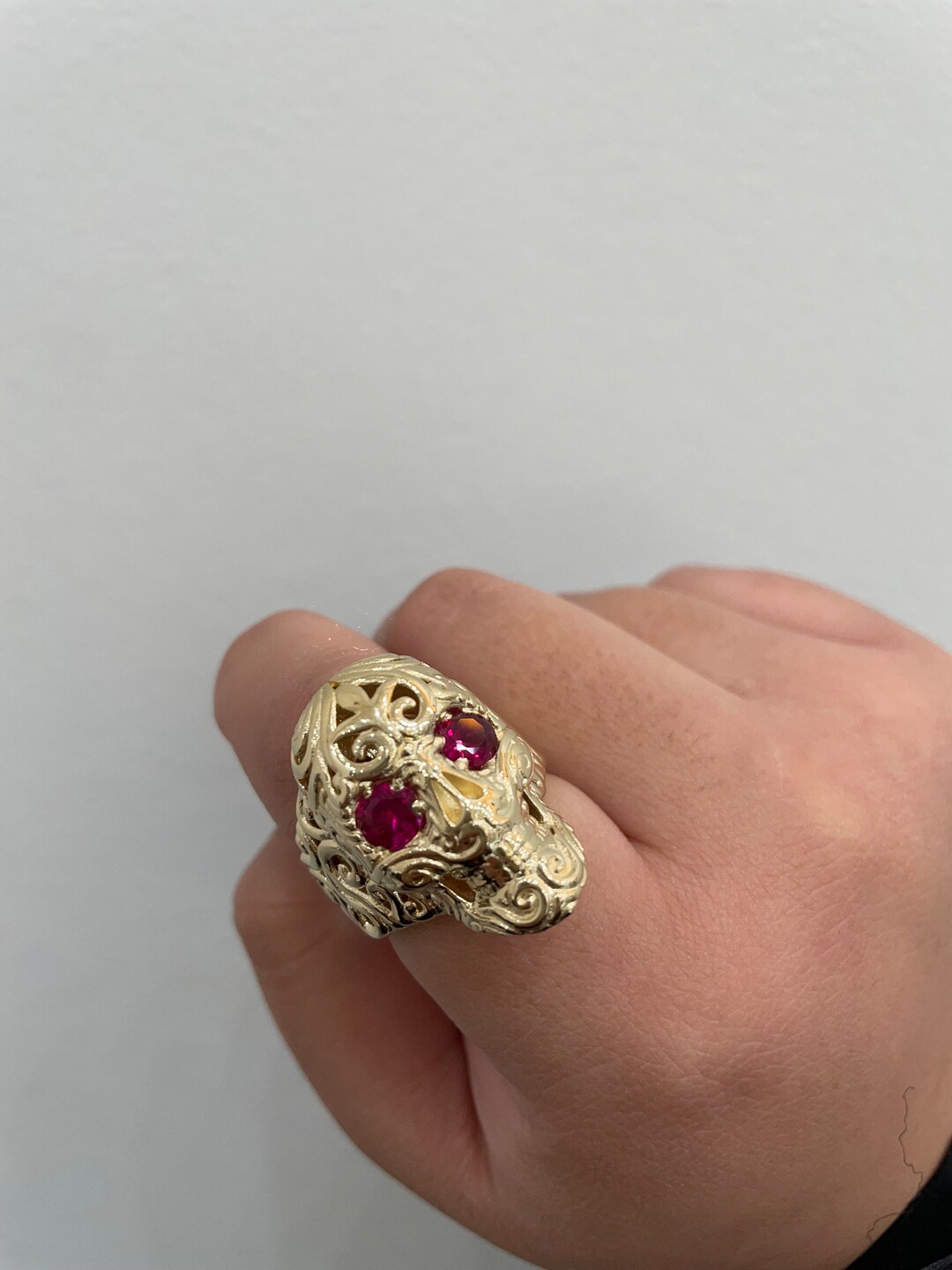14K Red Eye Skull Ring - Etsy