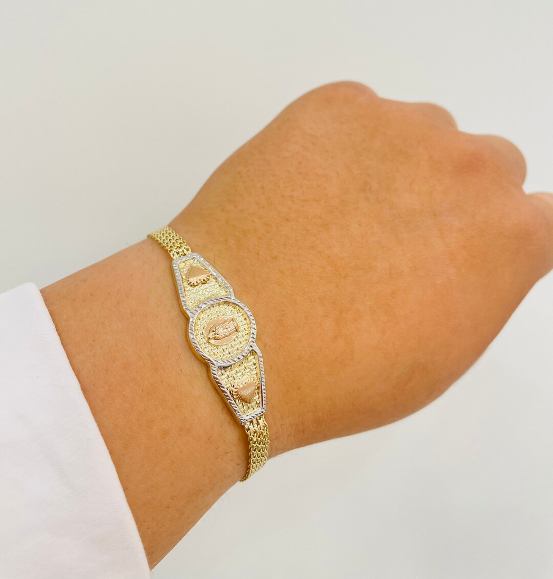 14K Tri-colored Virgin Mary ID Plate Bracelet - Etsy