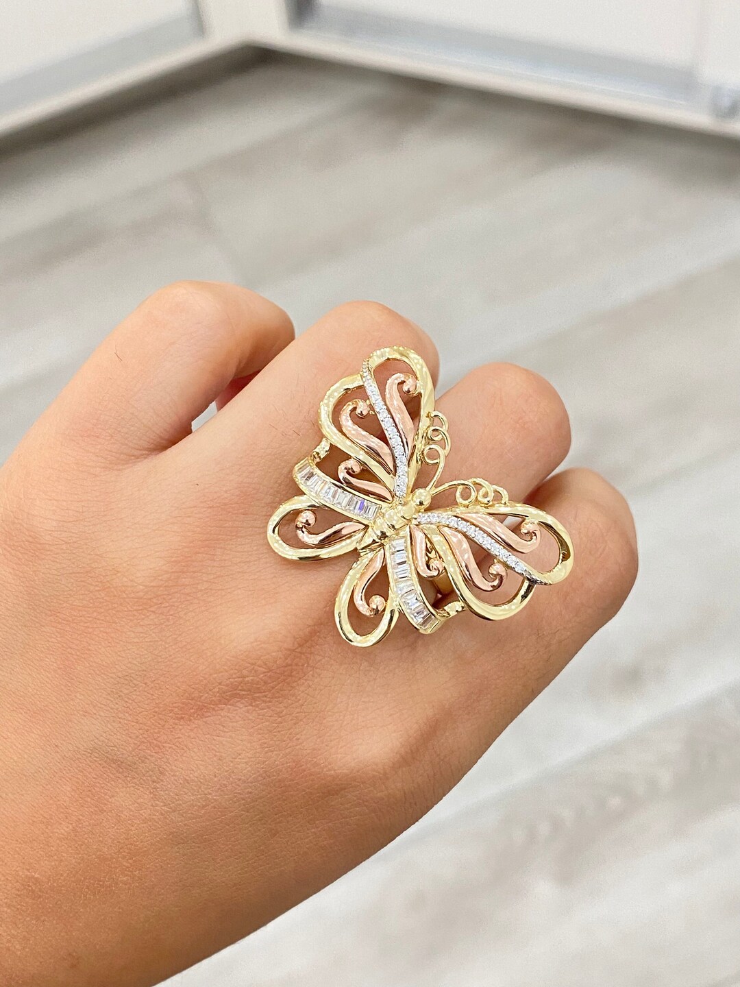 14K Large Three Toned Butterfly Ring - Etsy