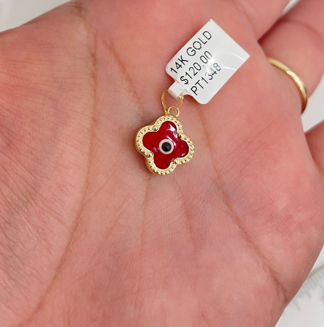 14K Red Beaded Vessel Clover Evil Eye Pendant - Etsy