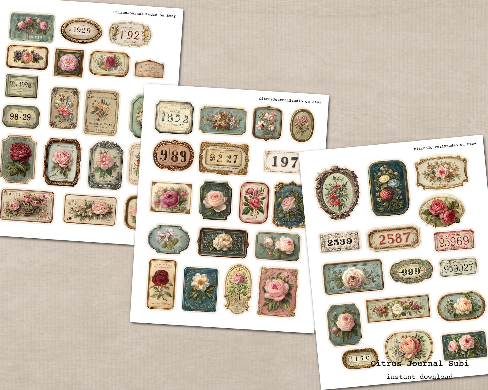 Vintage Roses Journal Labels, Cottagecore Tiny Tags, Shabby Chic Fussy ...