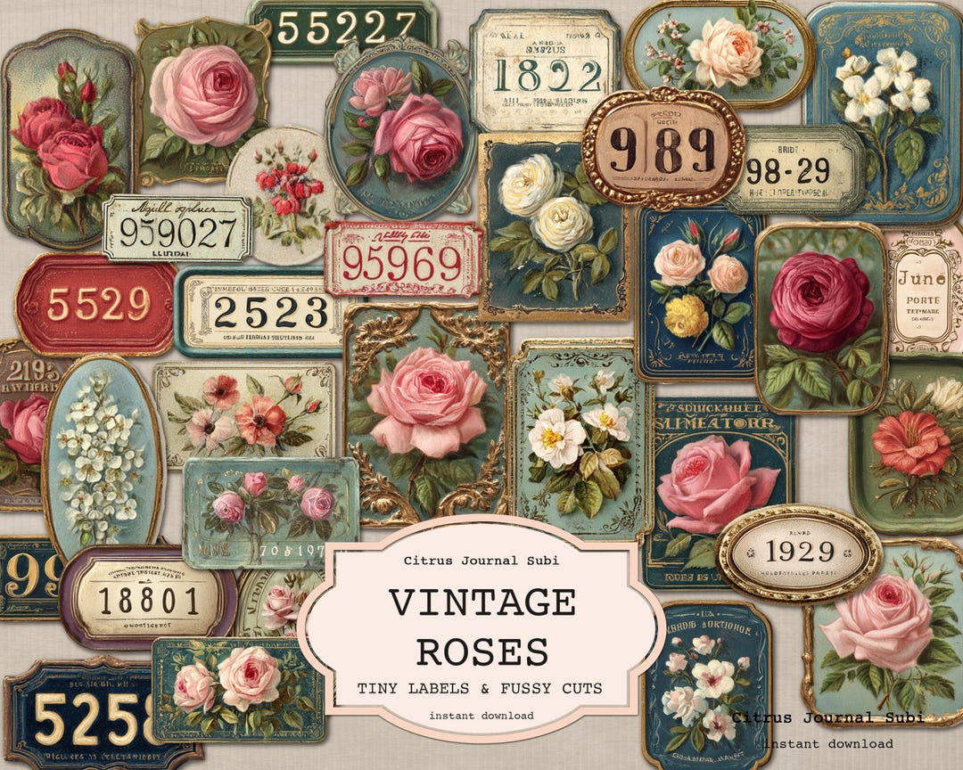 Vintage Roses Journal Labels, Cottagecore Tiny Tags, Shabby Chic Fussy ...