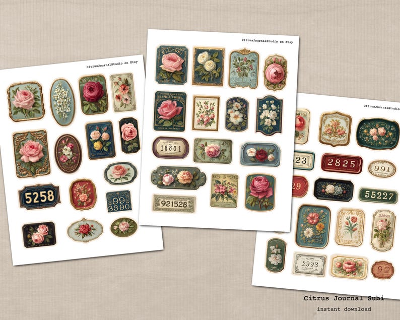 Vintage Roses Journal Labels, Cottagecore Tiny Tags, Shabby Chic Fussy ...