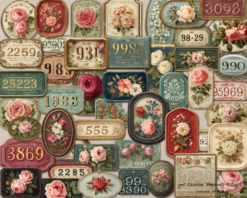 Vintage Roses Journal Labels, Cottagecore Tiny Tags, Shabby Chic Fussy ...