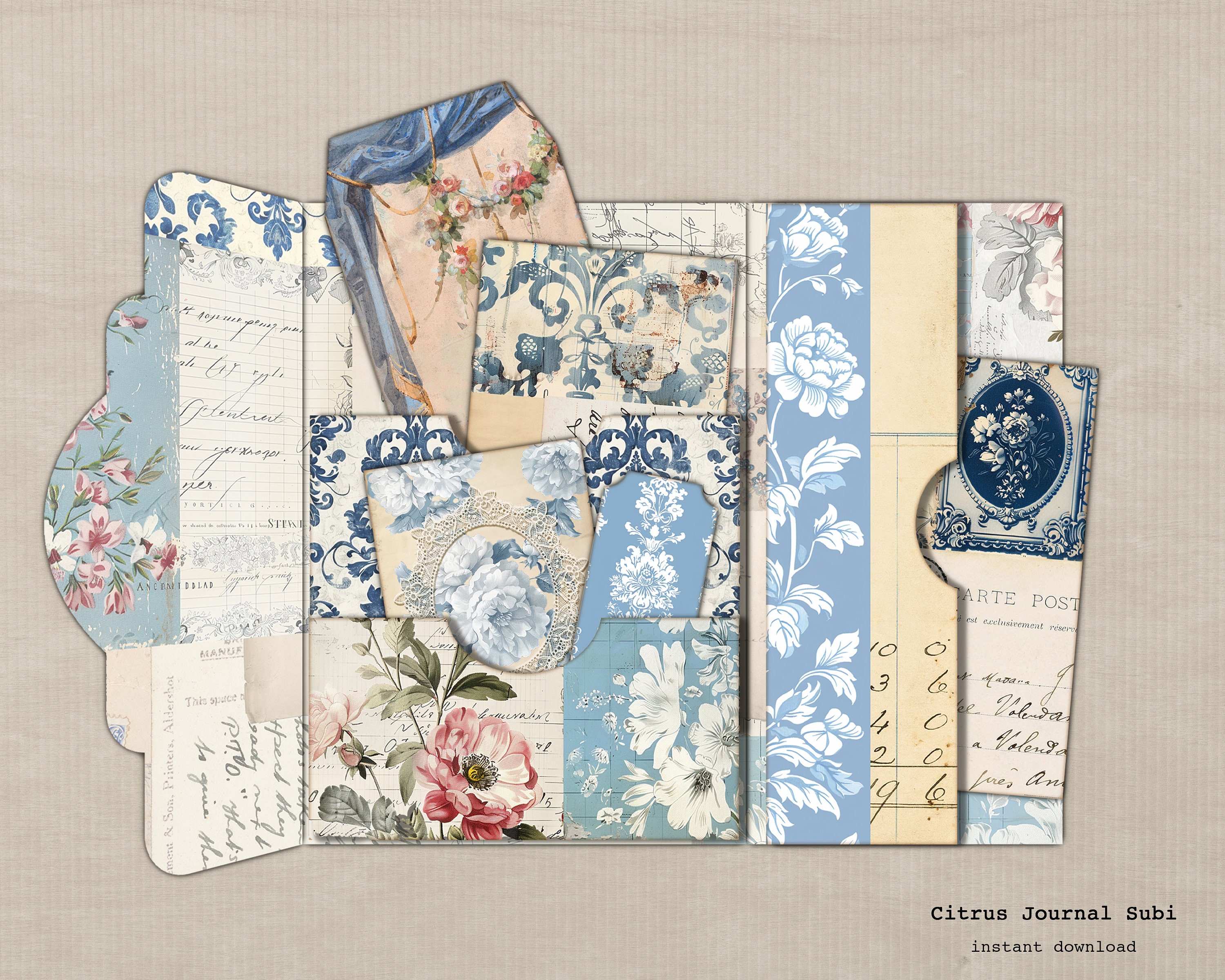 Junk Journal Folio, Vintage Roses, Junk Journaling, Trifold Folio, Shabby Chic Folio, Damask Kit ...