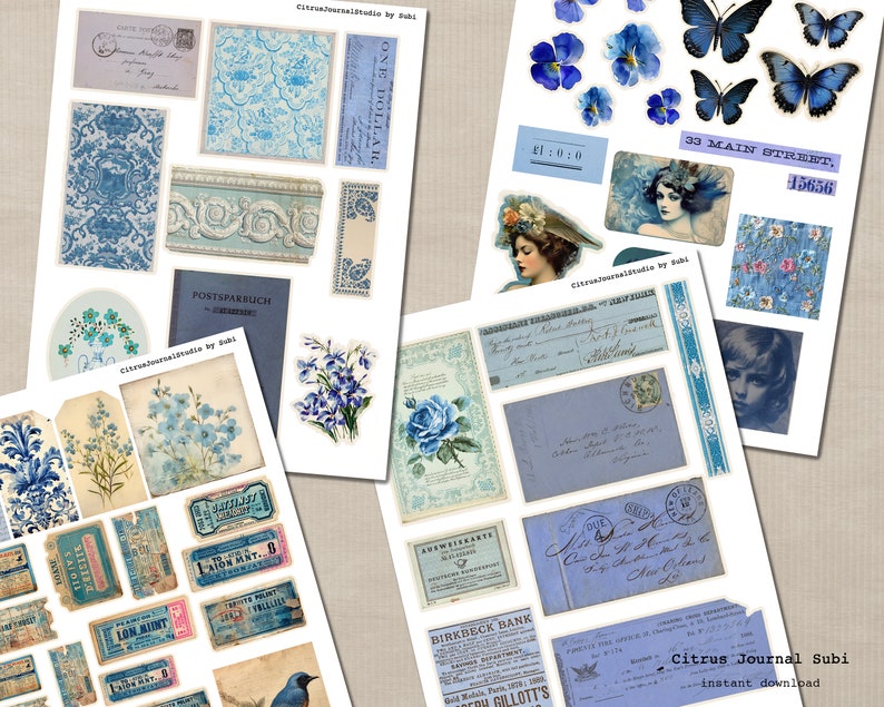 Blue Ephemera, Blue Junk Journal, Vintage Blue, Junk Journal, Blue ...