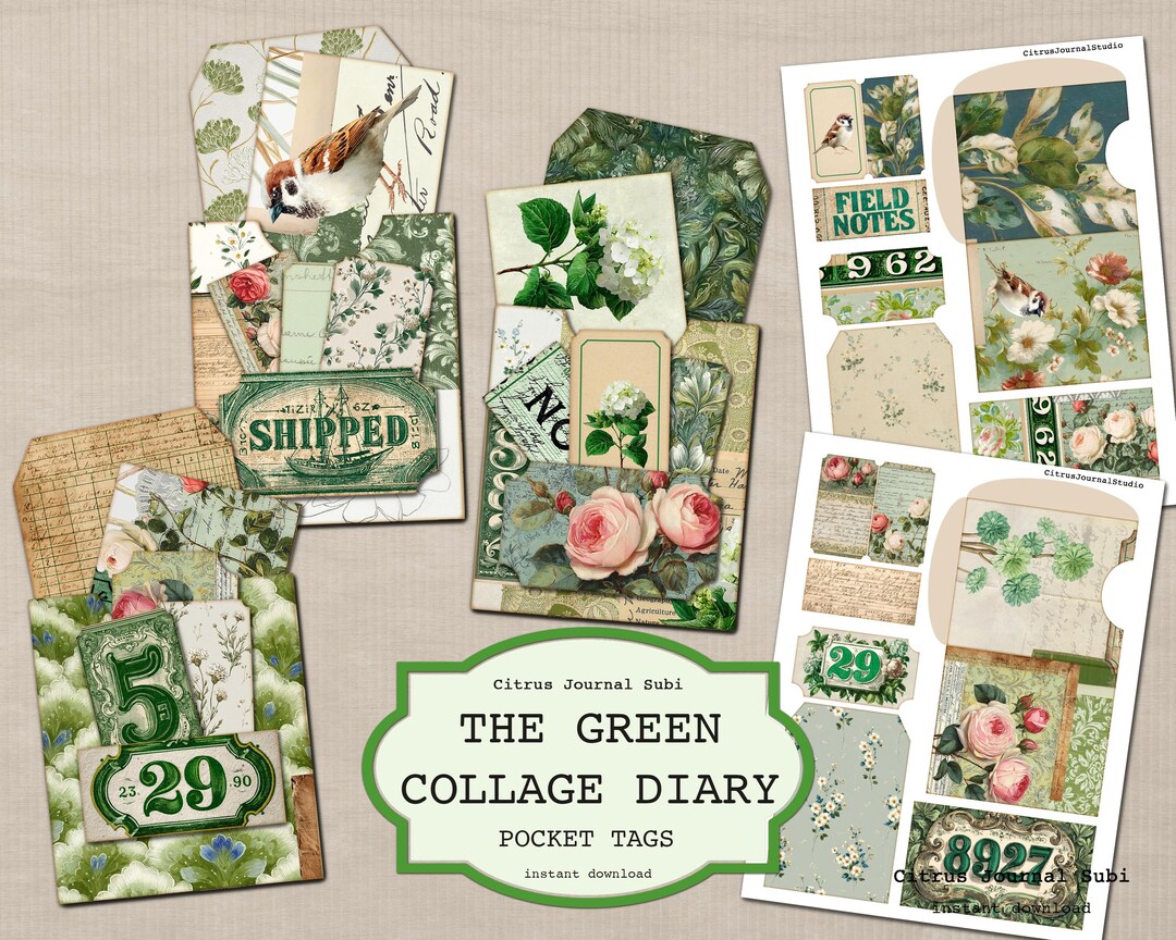 Junk Journal Pockets Kit, Vintage Green Pockets, Botanical Tags, Loaded ...
