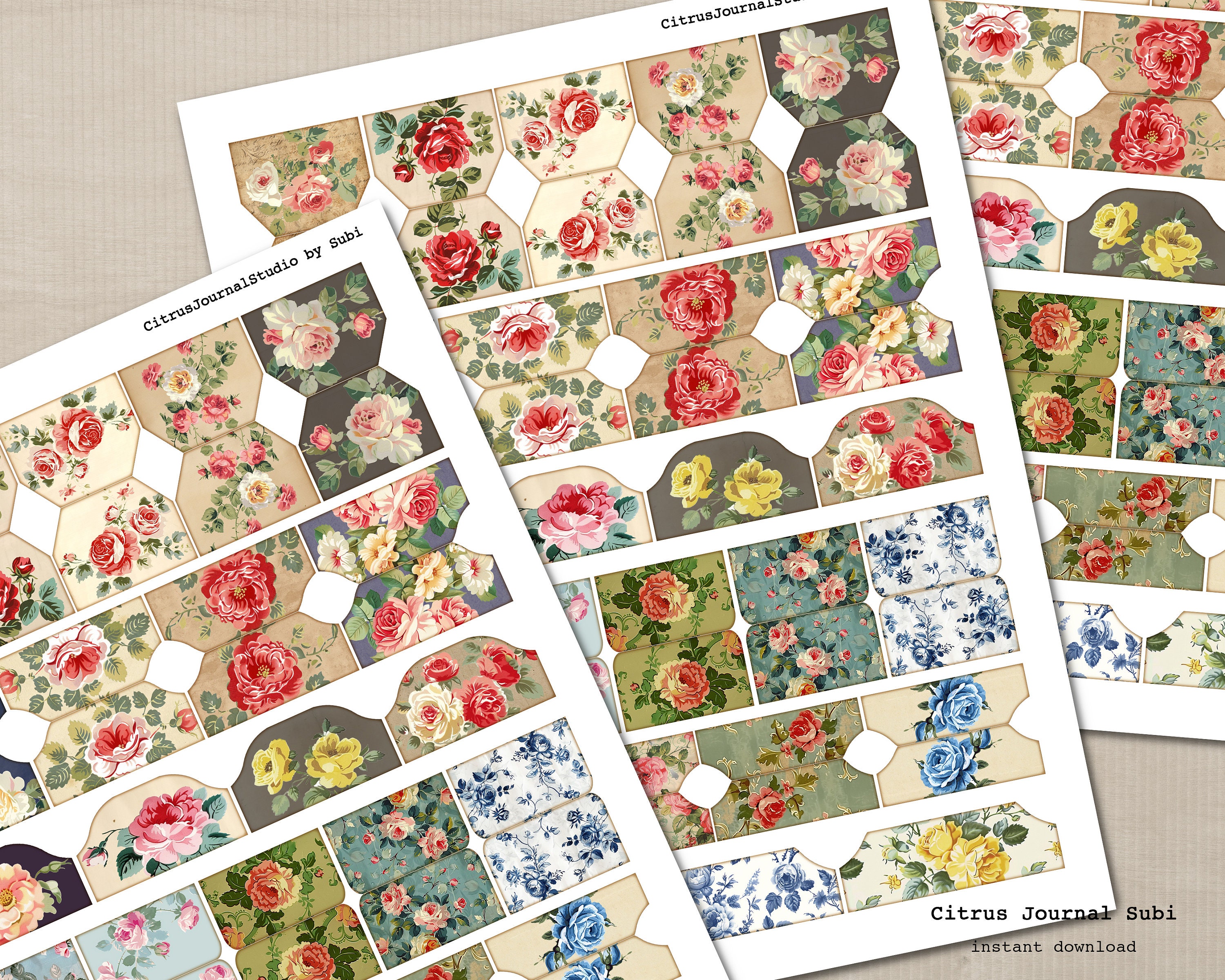 Junk Journal Tabs, Roses Tabs, Vintage Tags, Vintage Pink Roses ...