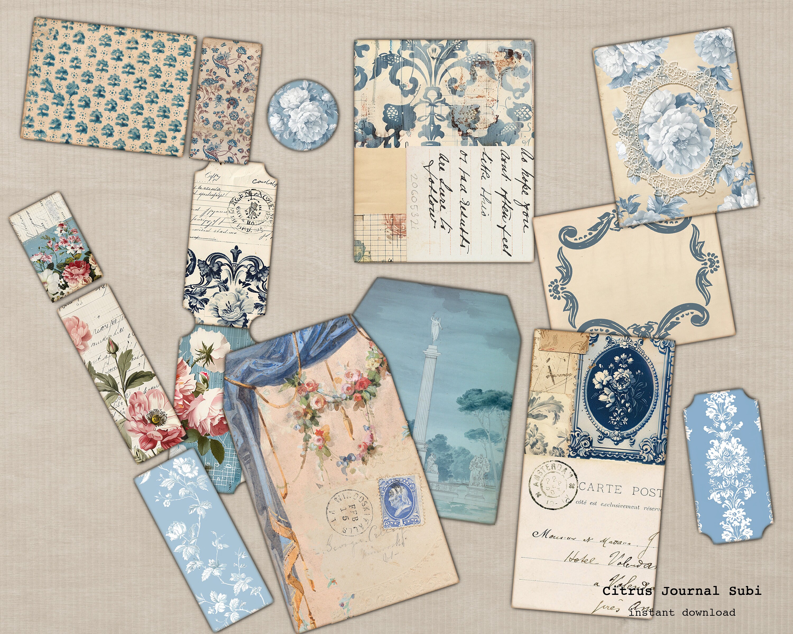 Junk Journal Folio, Vintage Roses, Junk Journaling, Trifold Folio, Shabby Chic Folio, Damask Kit ...