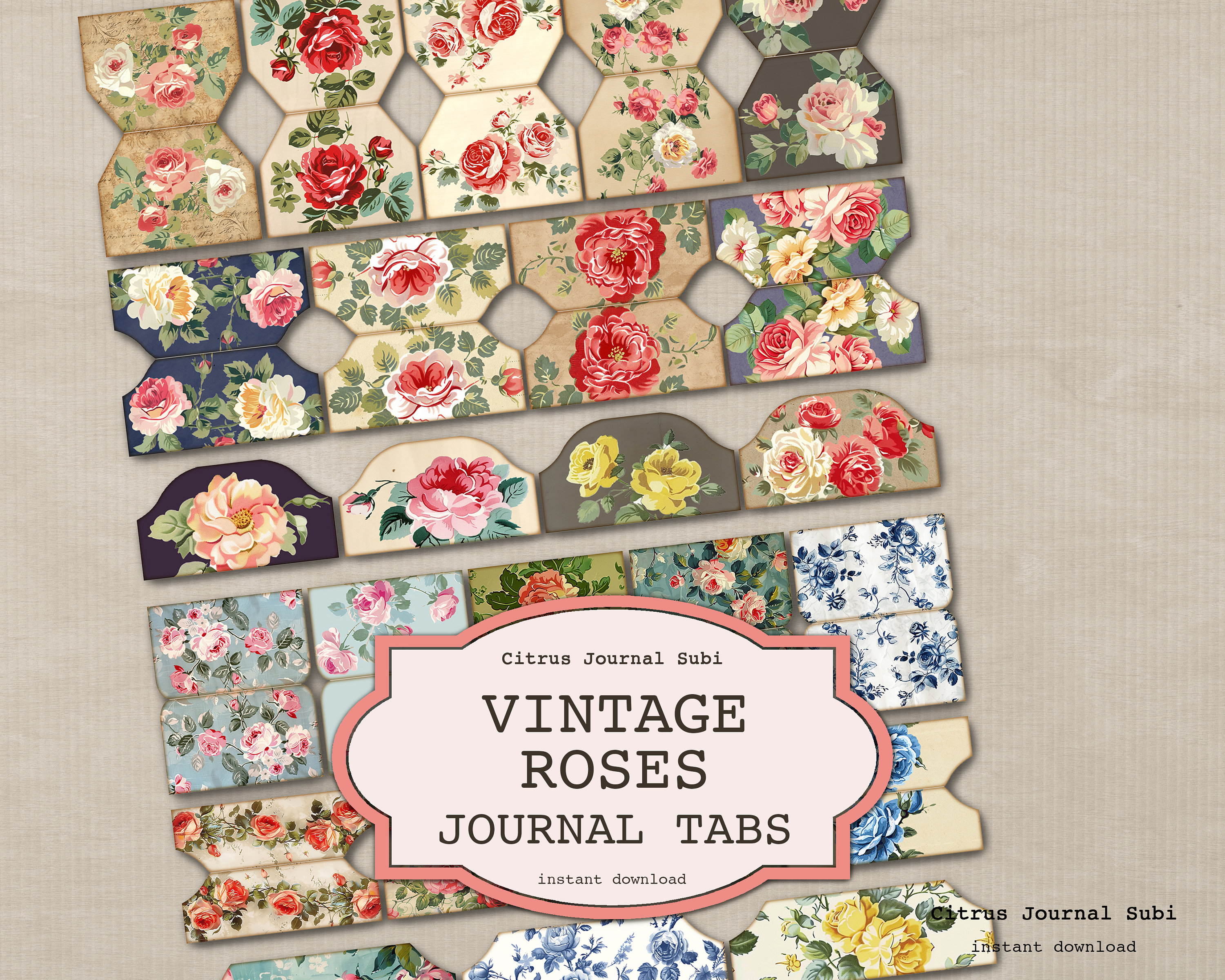 Junk Journal Tabs, Roses Tabs, Vintage Tags, Vintage Pink Roses ...