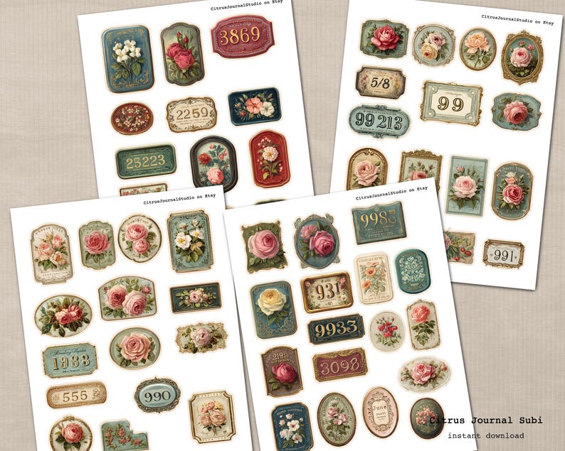 Vintage Roses Journal Labels, Cottagecore Tiny Tags, Shabby Chic Fussy ...