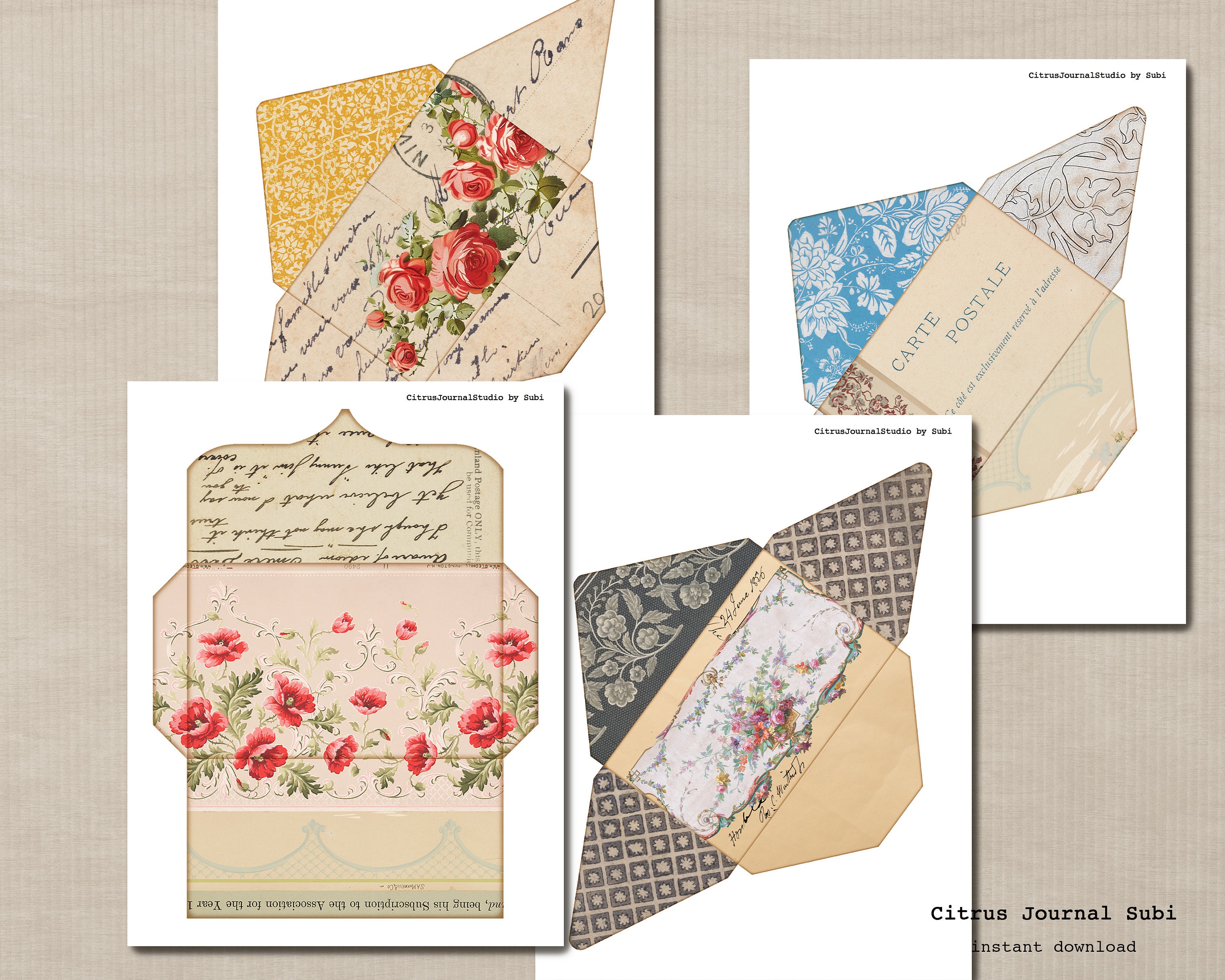 Junk Journal Envelopes, Spring Envelopes, Vintage Roses, Vintage ...