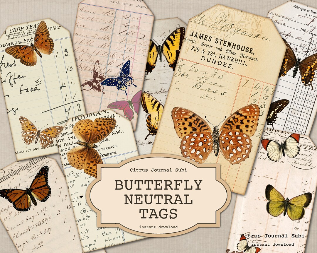 Butterfly Tags, Neutral Tags, Junk Journal Tags, Journal Insert, Ledger ...