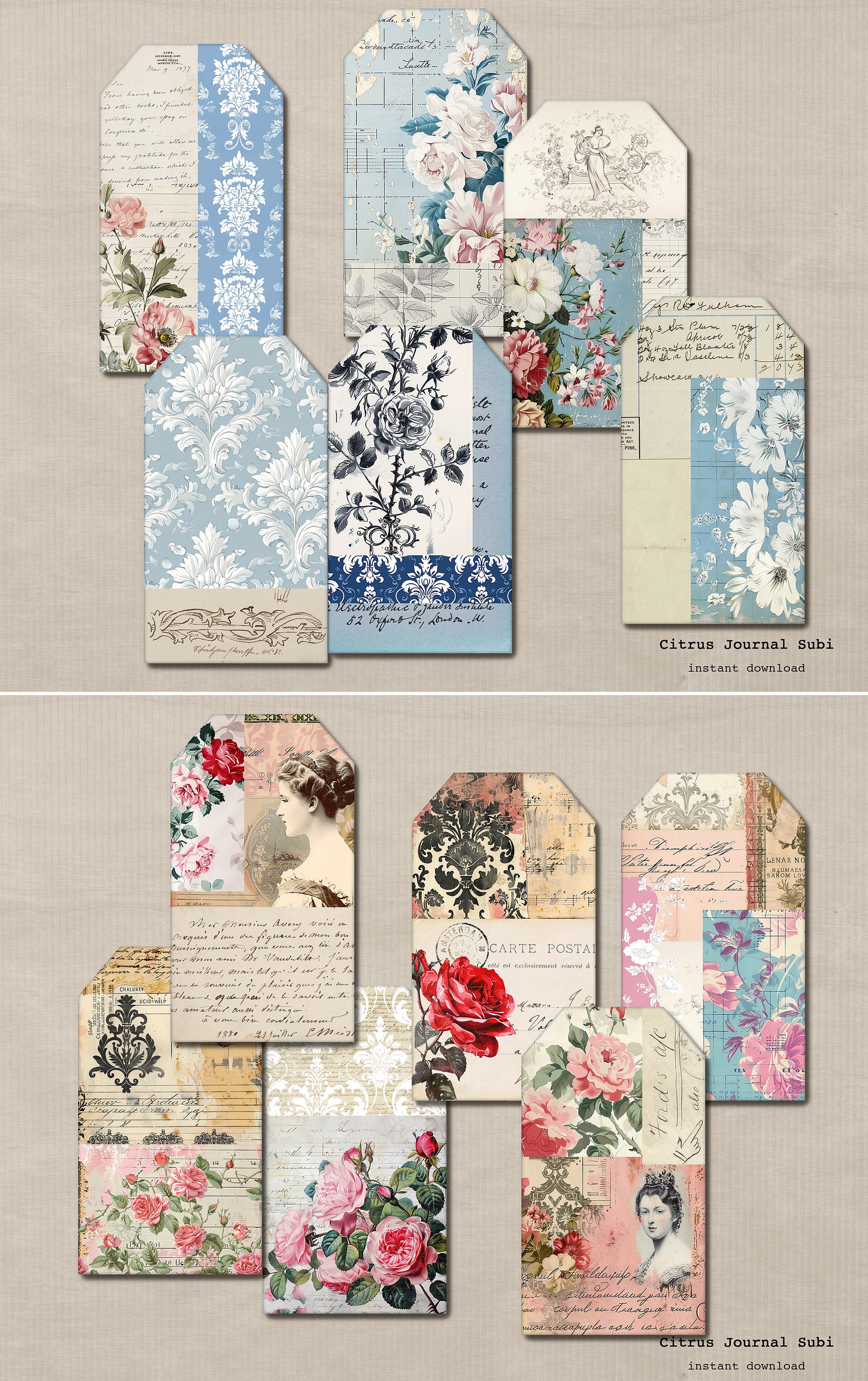 Junk Journal Tags, Floral Tags, Vintage Roses, Shabby Rose Tags ...