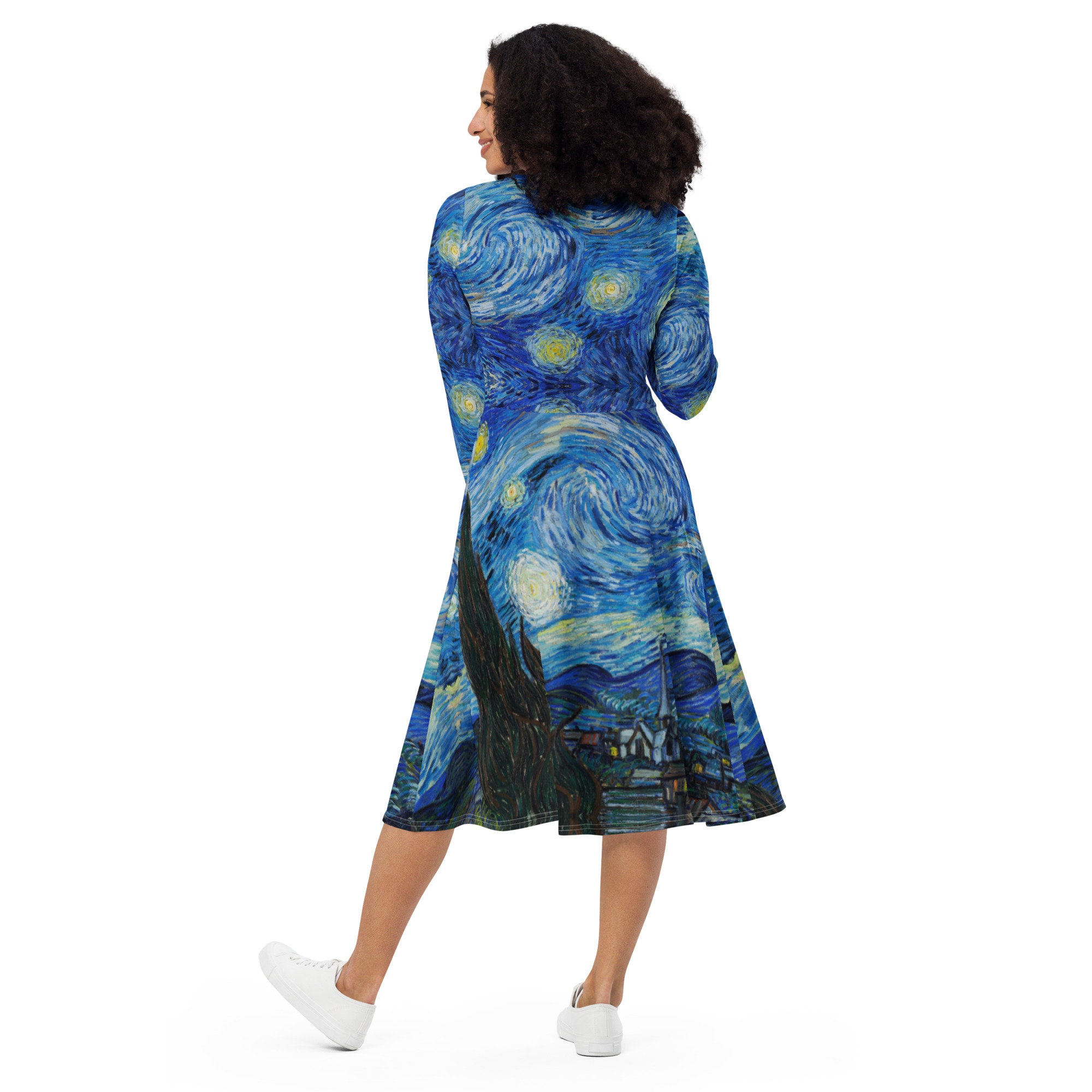 Women's Van Gogh Starry Night Long Sleeve Midi Dress With Pockets ...