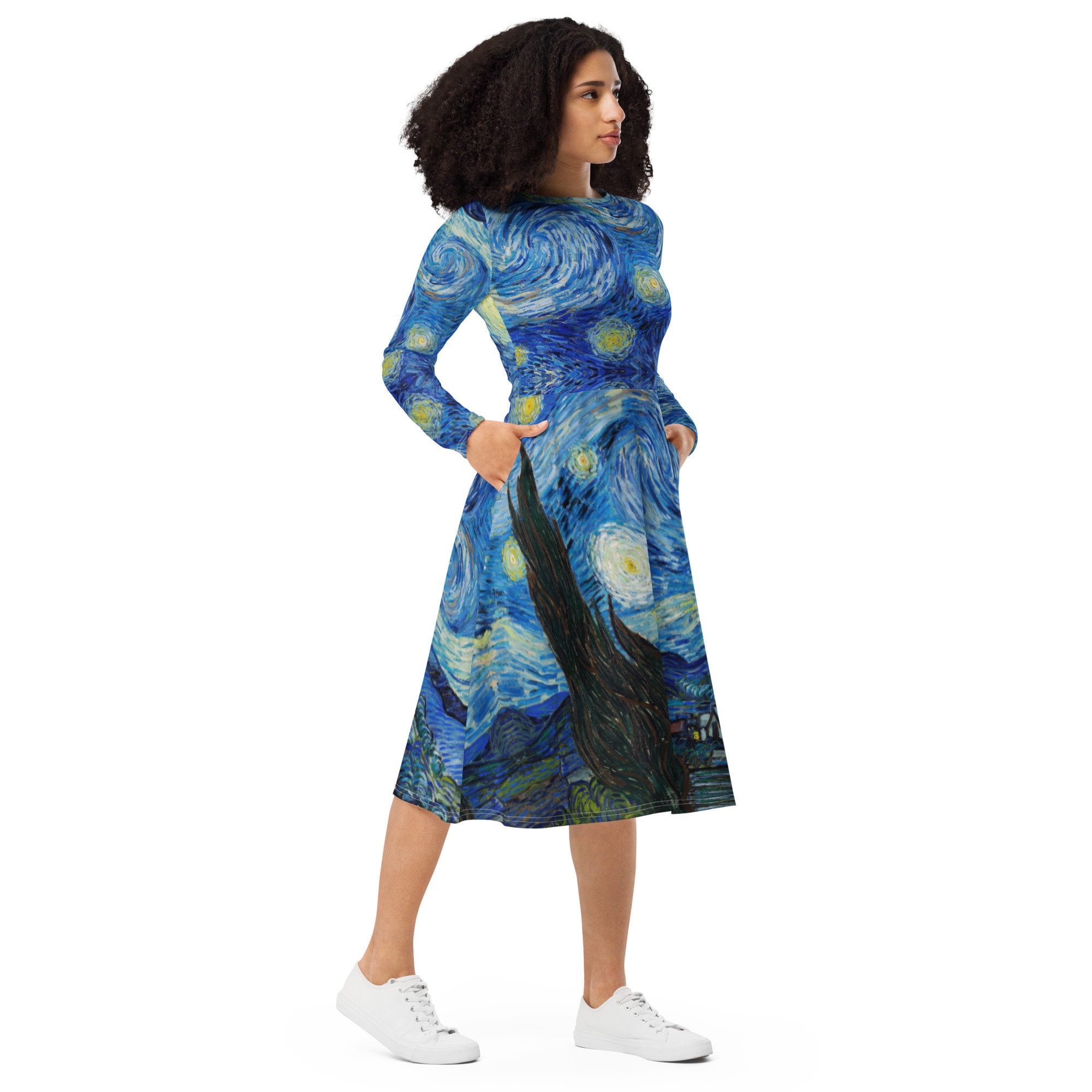 Women's Van Gogh Starry Night Long Sleeve Midi Dress With Pockets ...