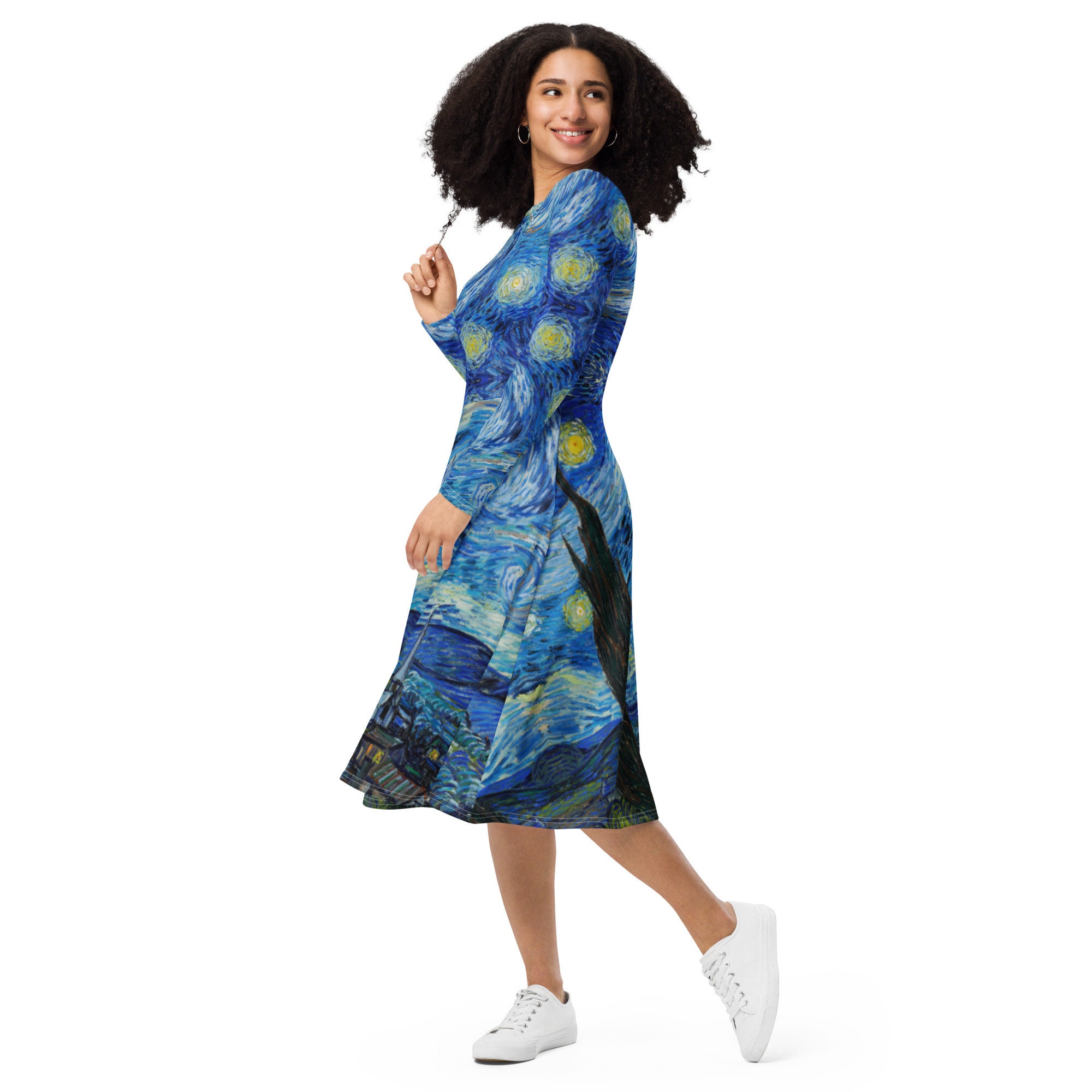 Women's Van Gogh Starry Night Long Sleeve Midi Dress With Pockets ...