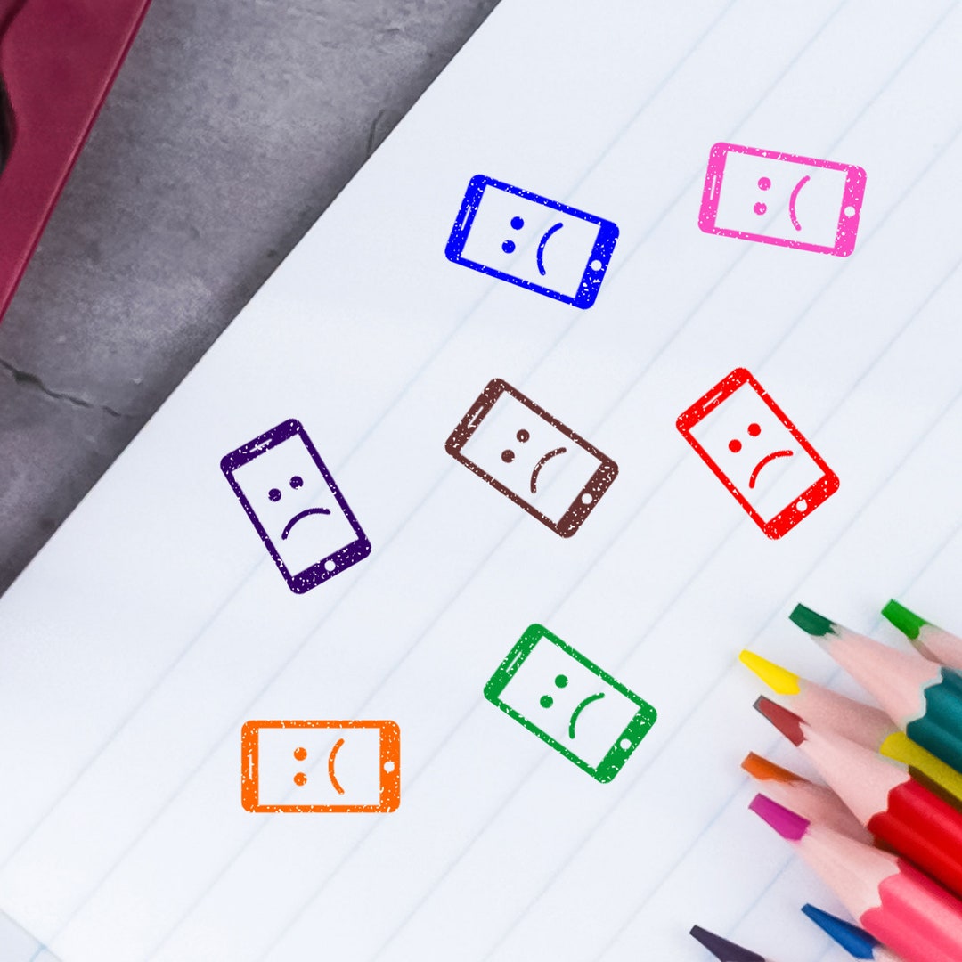 Sad Mobile Phone Emoji Teacher Stamp: Self-inking Stamper (.625" Round ...