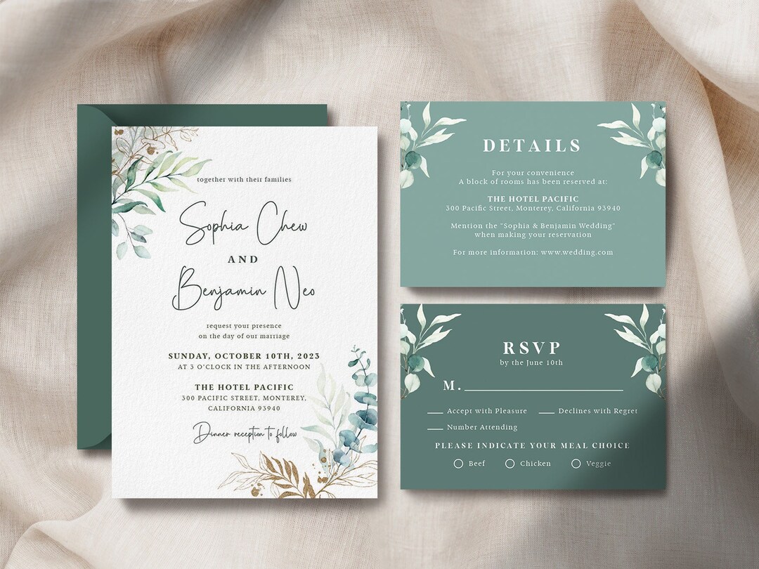 Sage Green Wedding Invitation Set Editable Sage Invitation Template ...
