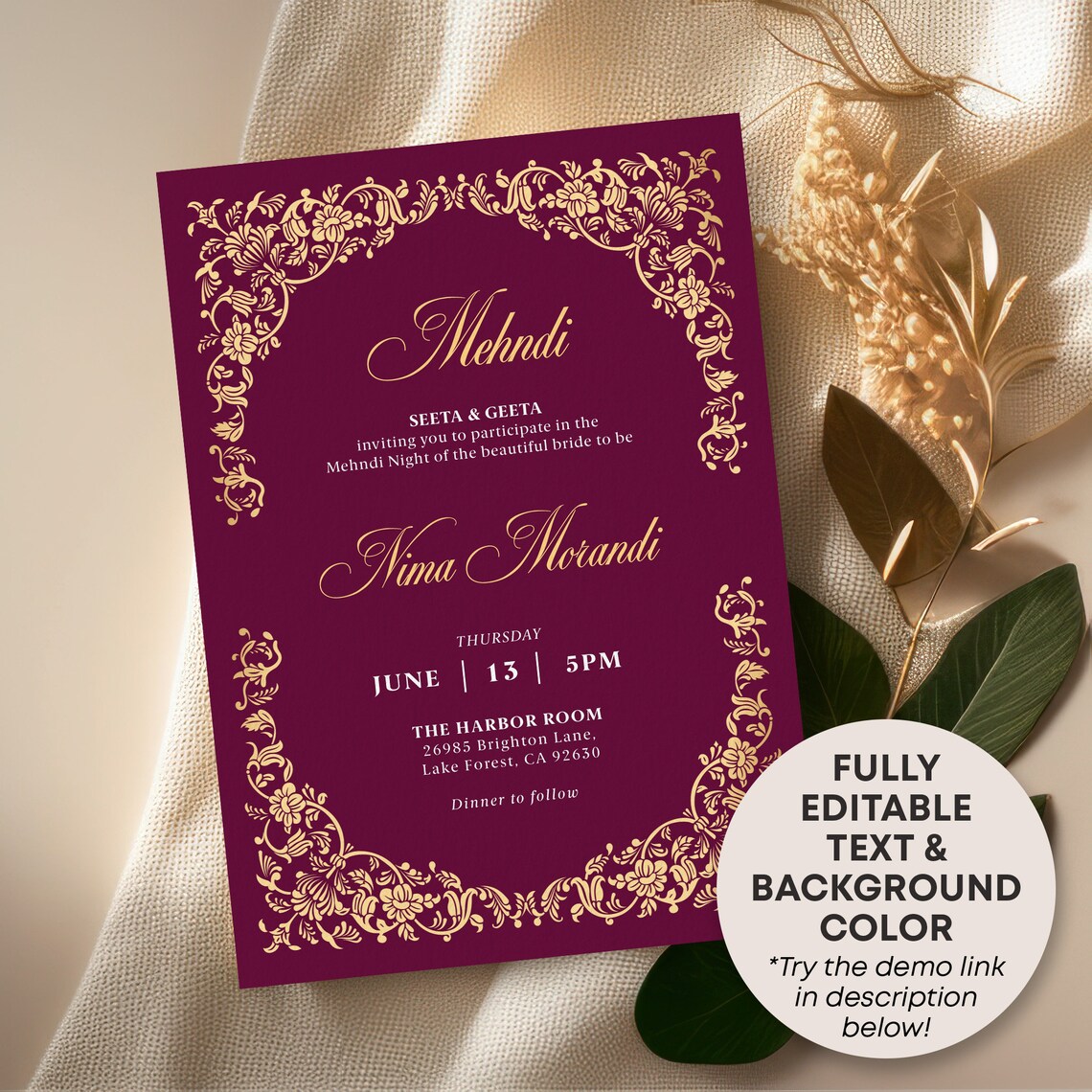Editable Indian Mehndi Invitations Hindu Wedding Invite Gold Mehndi ...
