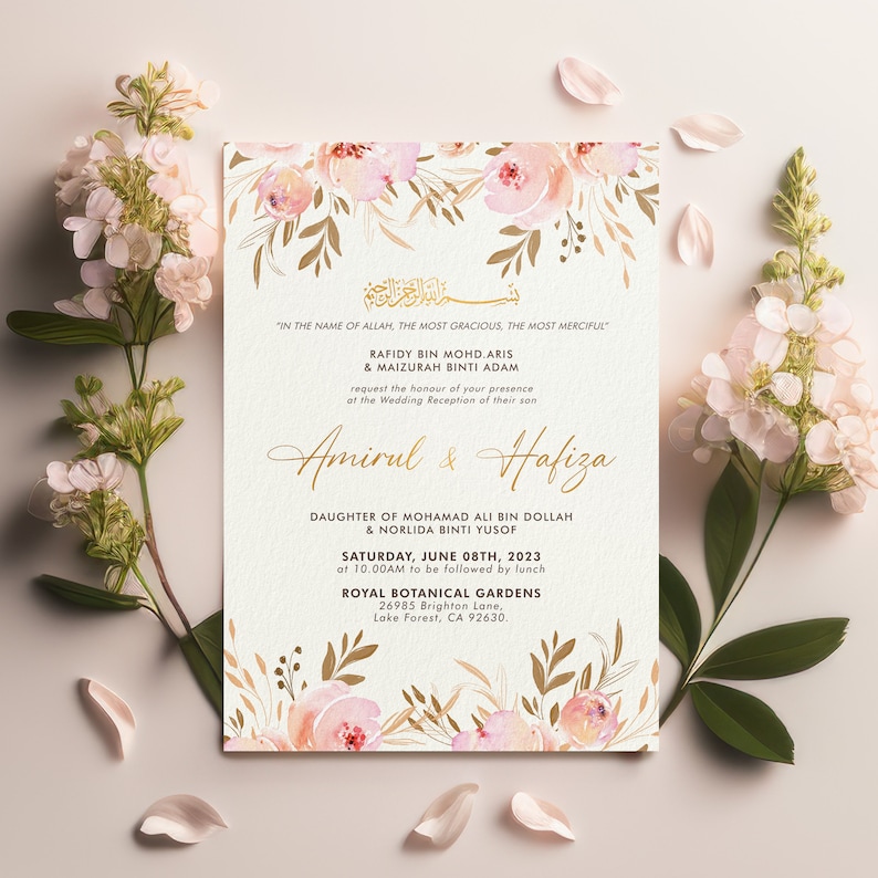 Editable Muslim Wedding Invitation | Mehndi Wedding Invite | Pink Floral Modern Wedding Card ...