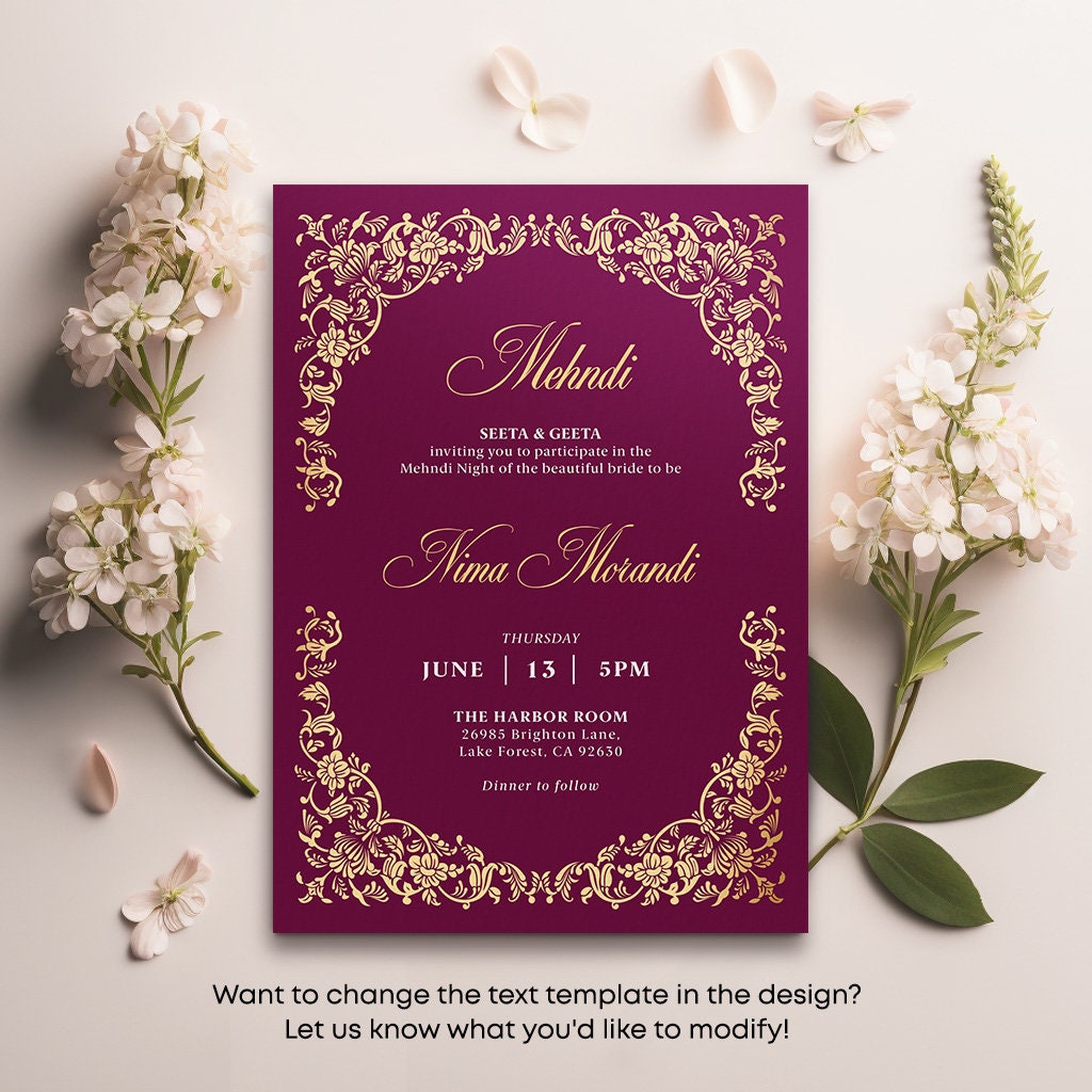 Editable Indian Mehndi Invitations Hindu Wedding Invite Gold Mehndi ...