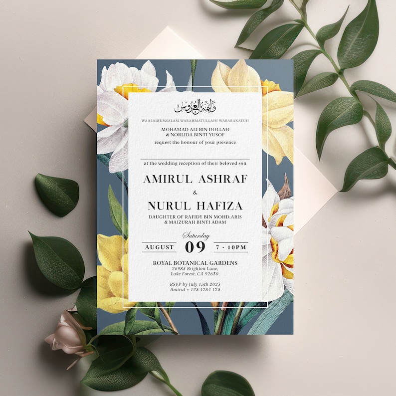 Editable Muslim Wedding Invitation Mehndi Wedding Invite Yellow Floral Elegant Wedding Card ...