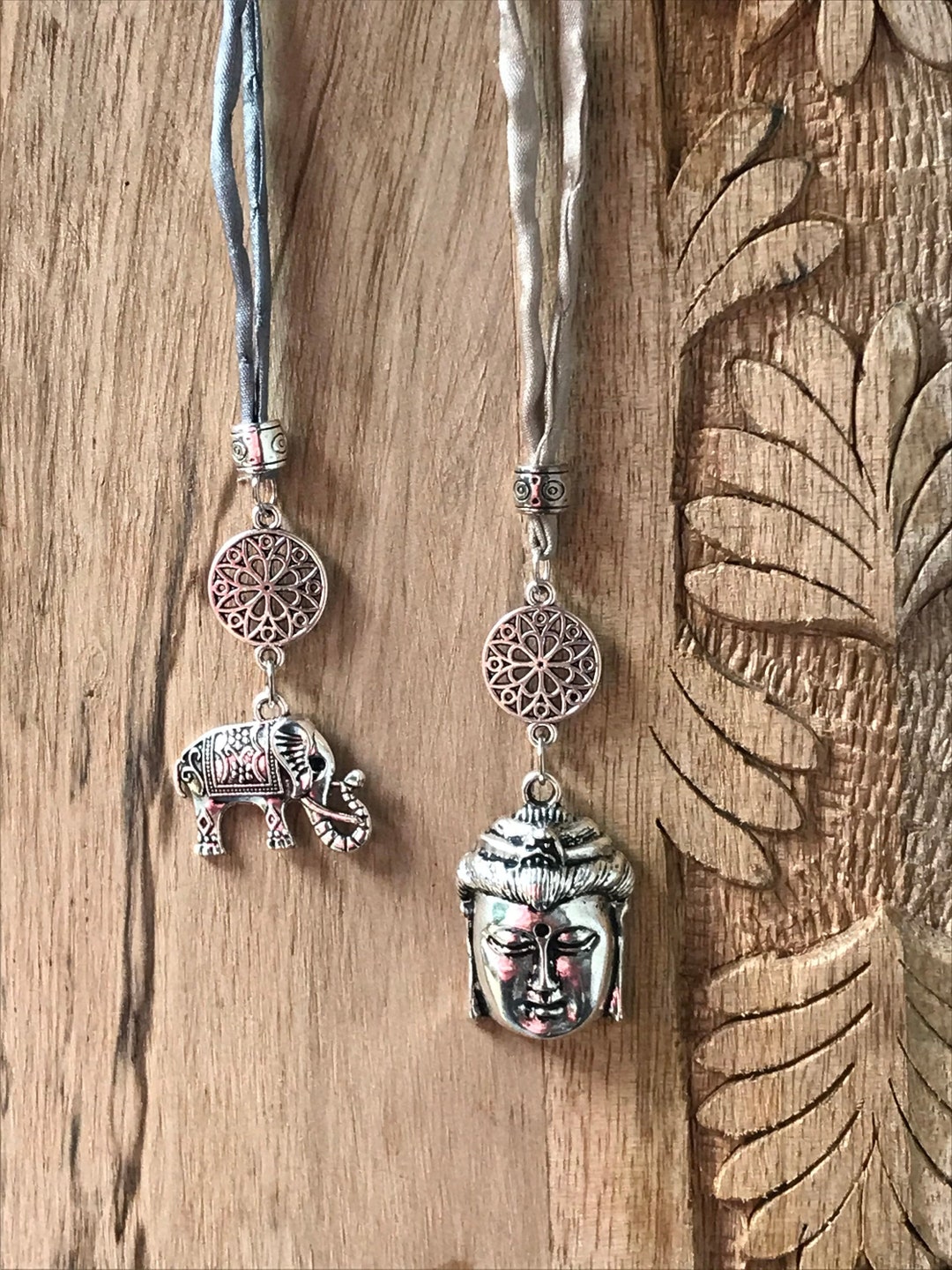 Gorgeous Necklace, Elephant or Buddha, With Silk Ribbon in Grey or ...