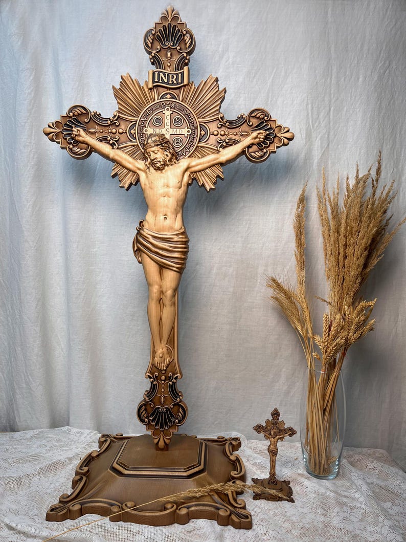 Carved Wooden Crucifix With Stand, Catholic Crucifix, Jesus Christ ...