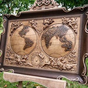 Carved Wood World Map Art, Antique Style Map Illustration, Historical ...
