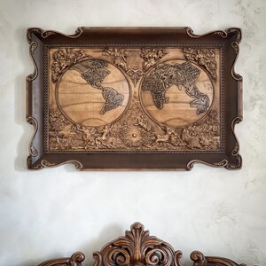 Carved Wood World Map Art, Antique Style Map Illustration, Historical ...