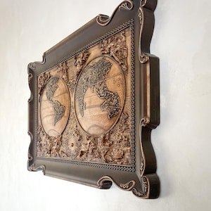 Carved Wood World Map Art, Antique Style Map Illustration, Historical ...