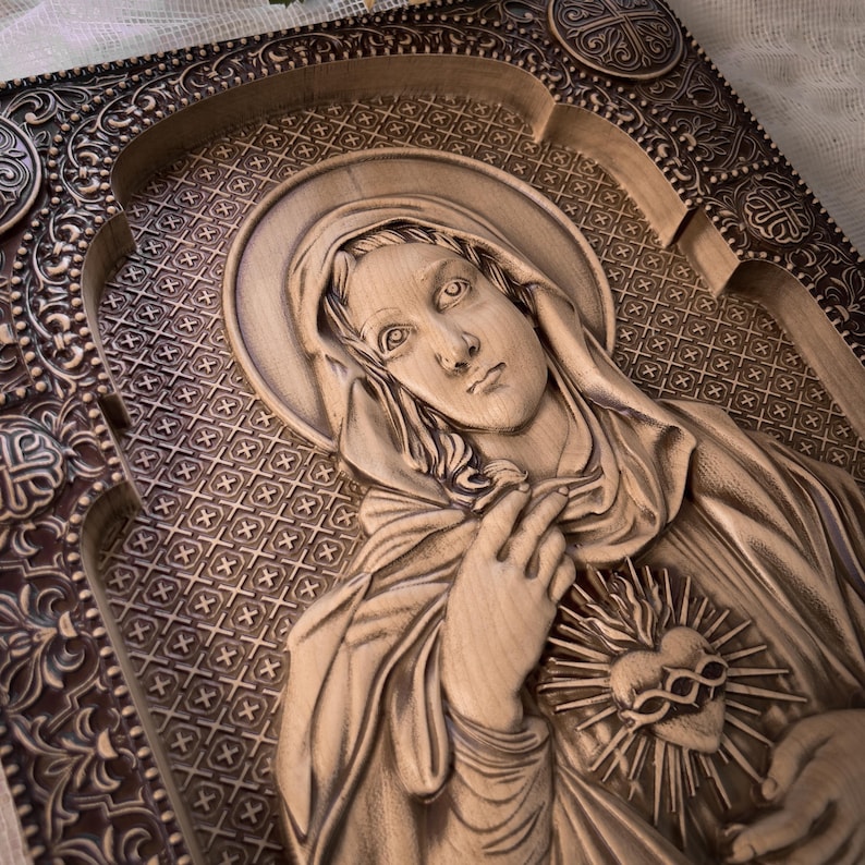 Handmade Immaculate Heart of Mary Maple Wood Icon - Catholic Wall Art ...
