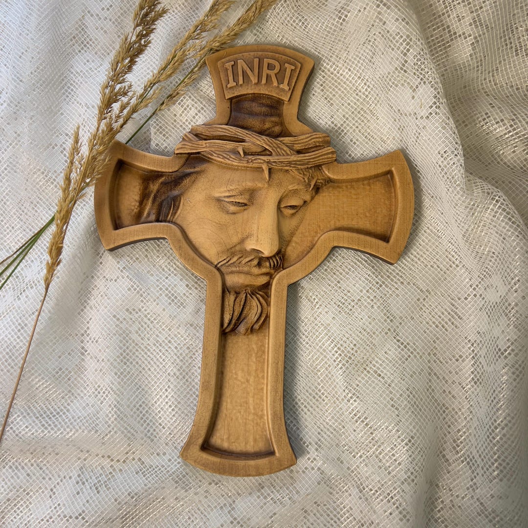 Elegant Wooden Cross With Carved Jesus Face - Catholic Religious Decor ...