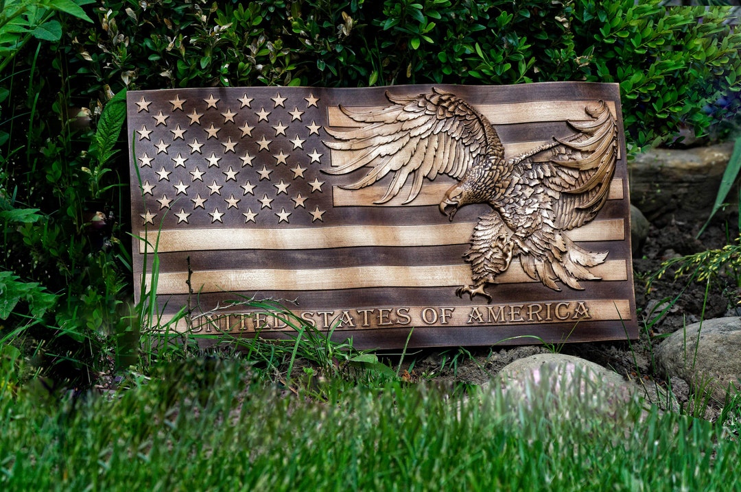 Wood American Flag With Eagle Military Gift Carved Wooden Flag Veteran ...